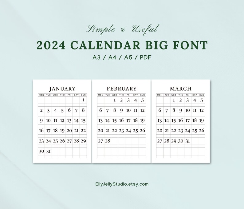 Printable 2024 Monthly Calendar Big Font,a5/a4/a3 Size,yearly Overview ...