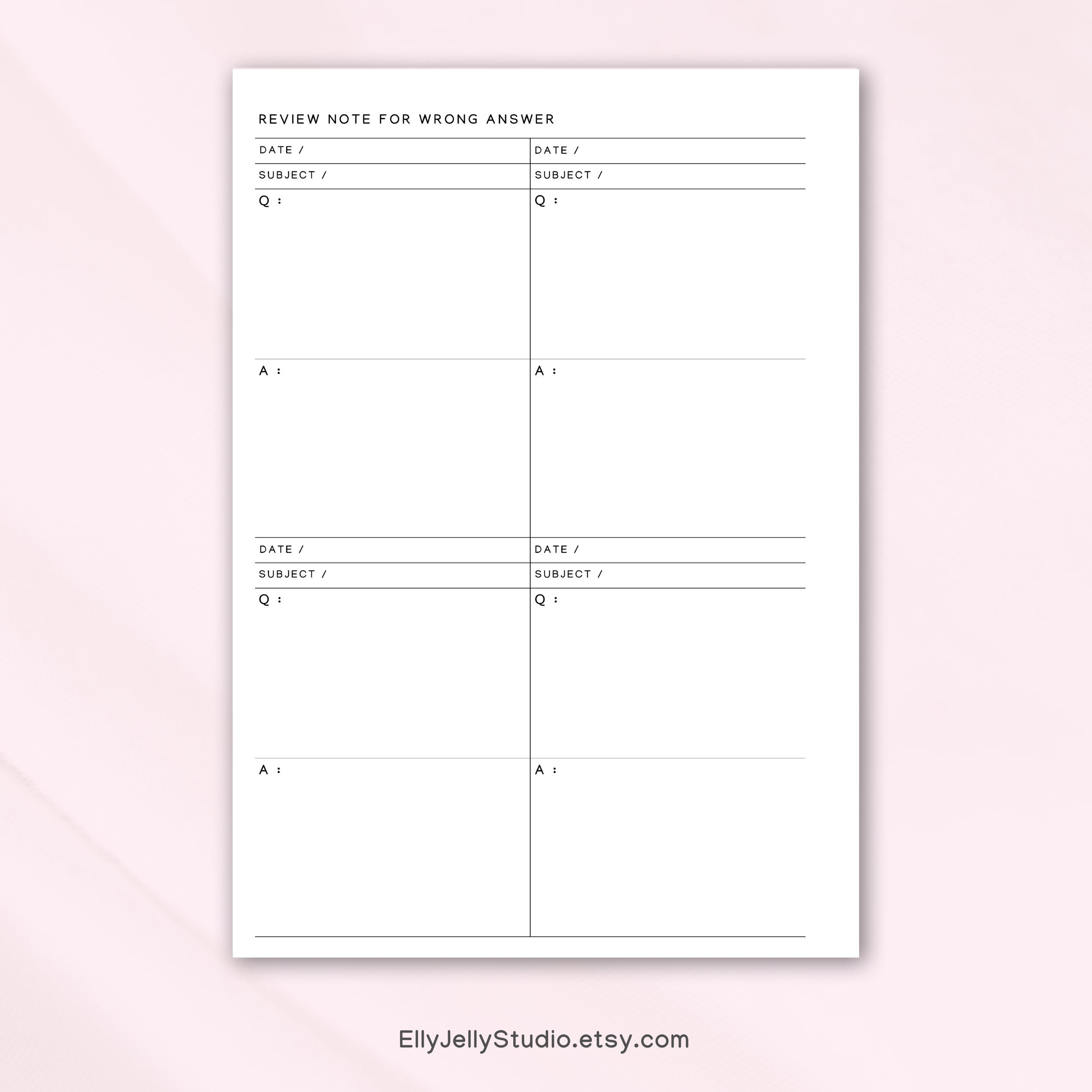 Printable Review Note for Wrong Answer Paper Insert Page,a5,a4,us ...