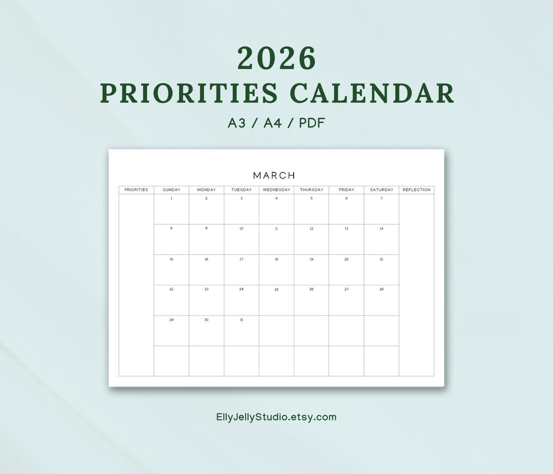 2026 Printable Monthly Priorities Calendar Template: A4 / A3 / PDF - Etsy