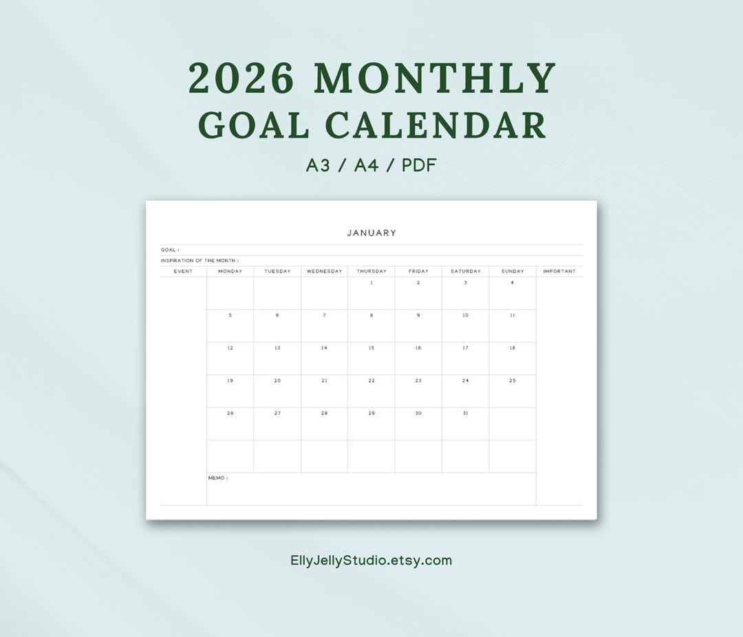 2026 Printable Monthly Goal Calendar Template: A4 / A3 / PDF - Etsy