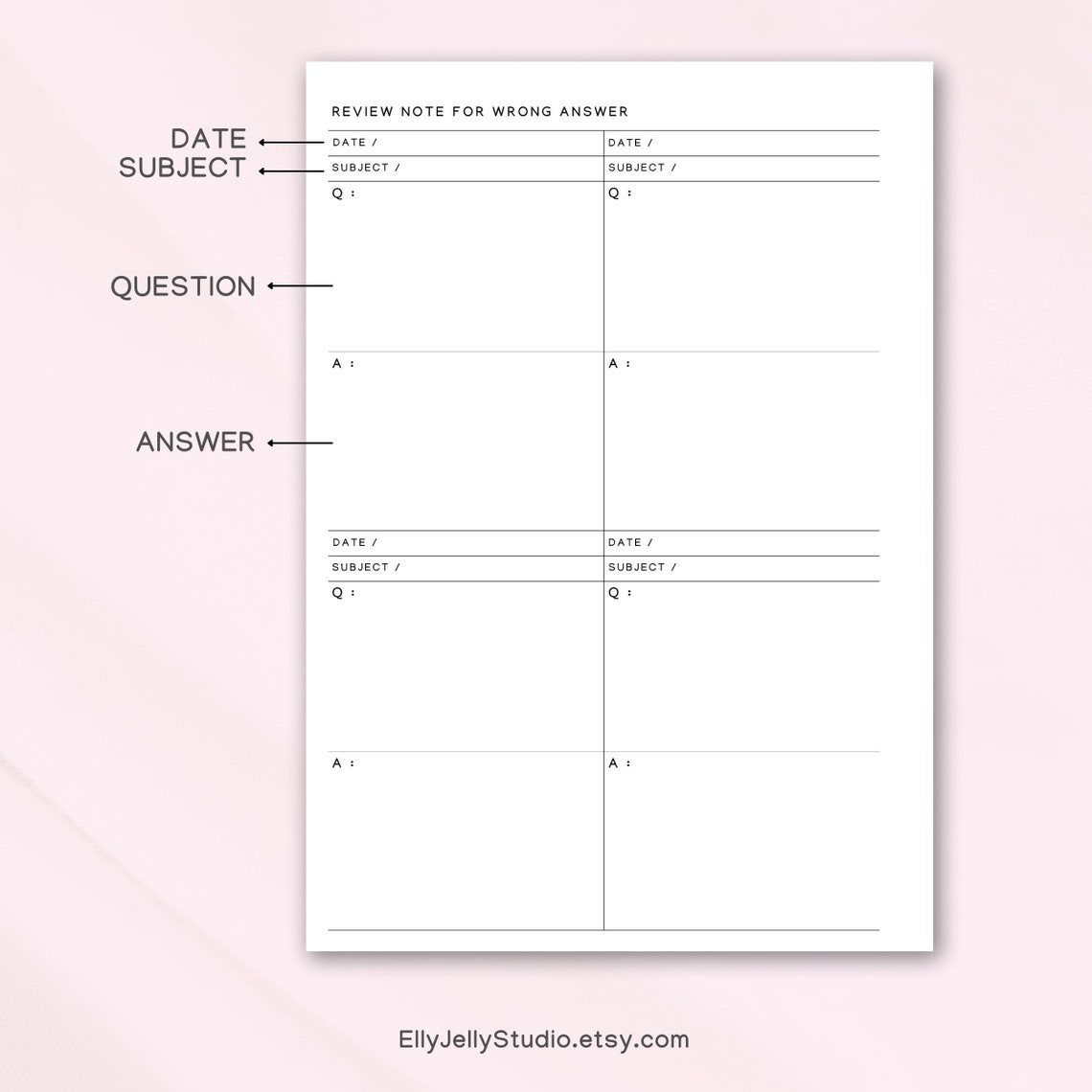 Printable Review Note for Wrong Answer Paper Insert Page,a5,a4,us ...
