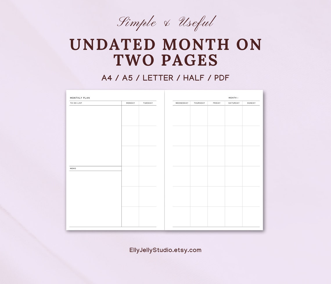 Undated Printable Monthly Planner,a5,a4,us Letter,half,monthly Planner ...
