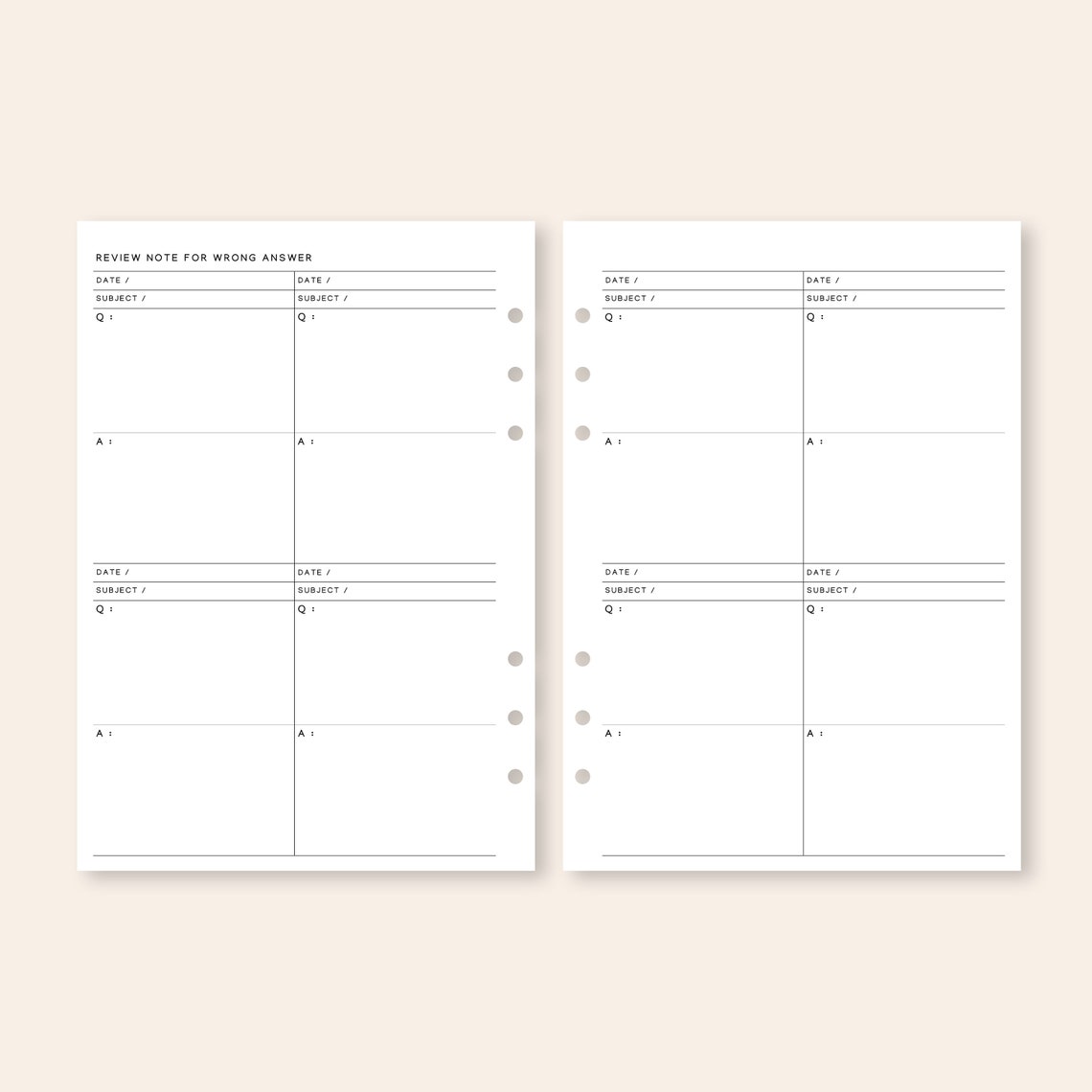 Printable Review Note for Wrong Answer Paper Insert Page,a5,a4,us ...