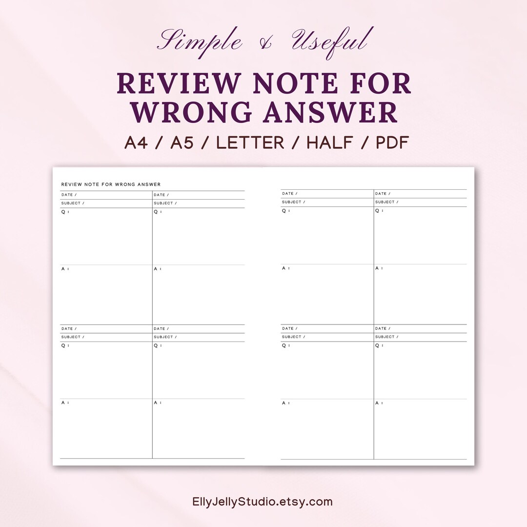 Printable Review Note for Wrong Answer Paper Insert - Etsy