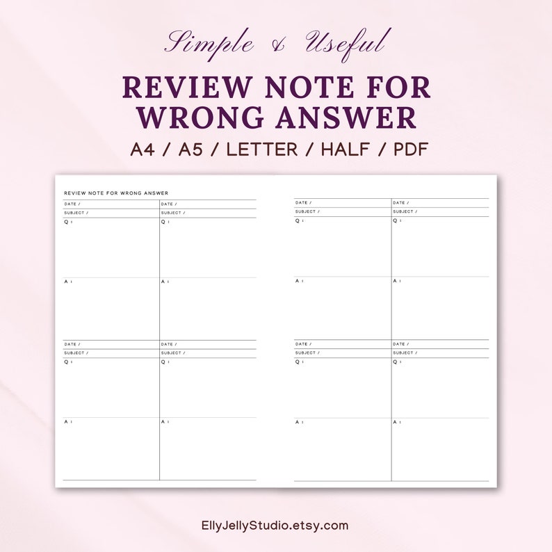 Printable Review Note for Wrong Answer Paper Insert - Etsy