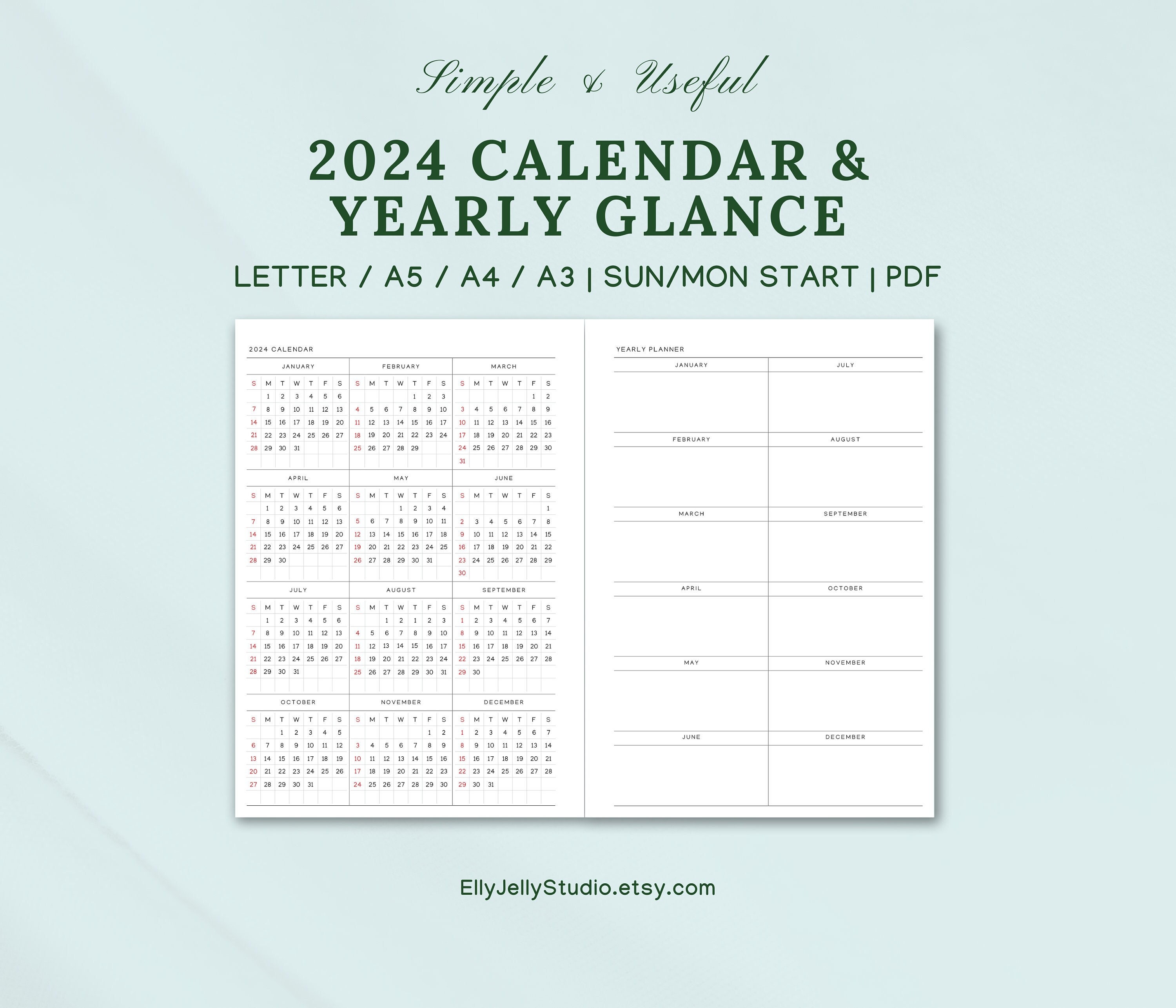 Printable 2024 Calendar Yearly Planner Insert,yearly Glance,yearly ...