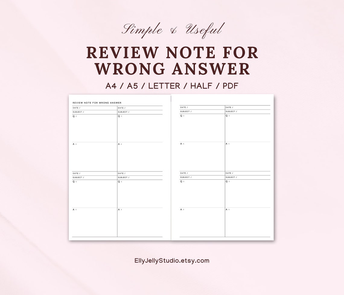 Printable Review Note for Wrong Answer Paper Insert Page,a5,a4,us ...