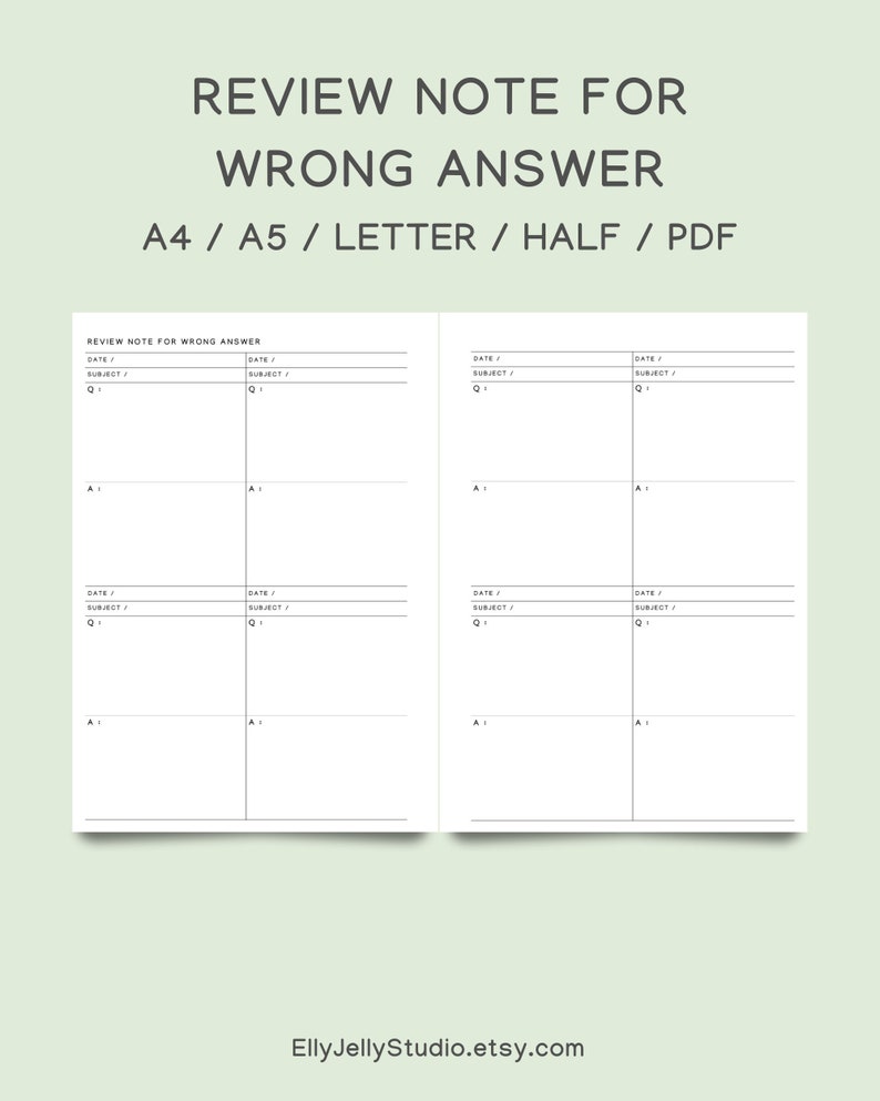 Printable Review Note for Wrong Answer Paper Insert - Etsy