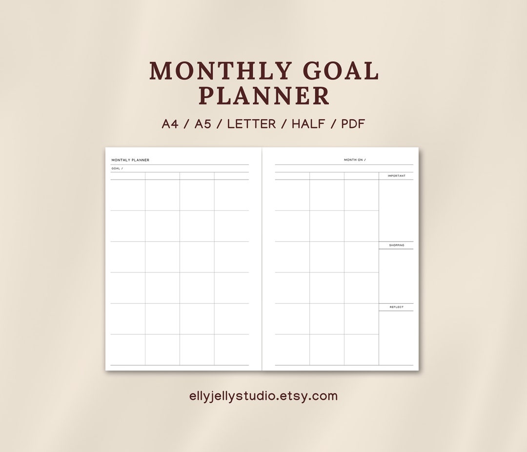 Monthly Goal Planner Insert A5,a4,letter,half,month at a Glance ...
