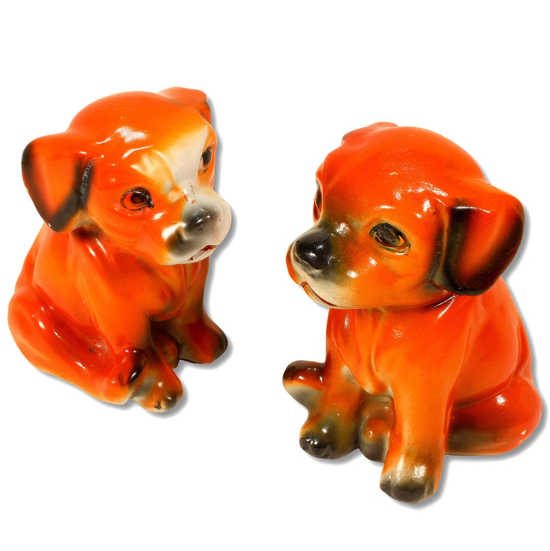 VINTAGE Kitsch pair Of 2x Bright Oversaturated Orange Dog Ceramic ...
