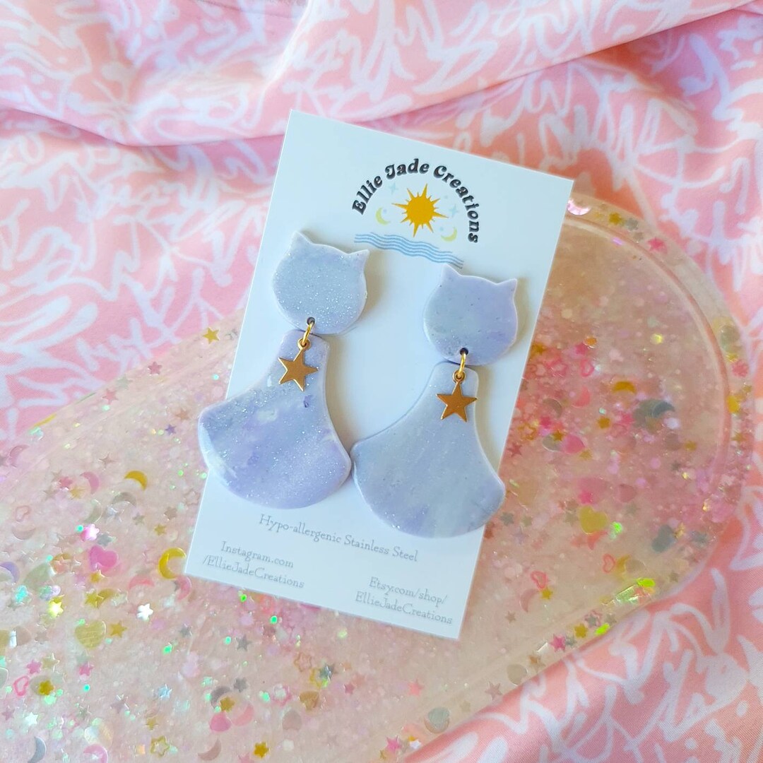 Purple Kitty Cat Gold Star Marble Glitter Clay Stud Drop - Etsy