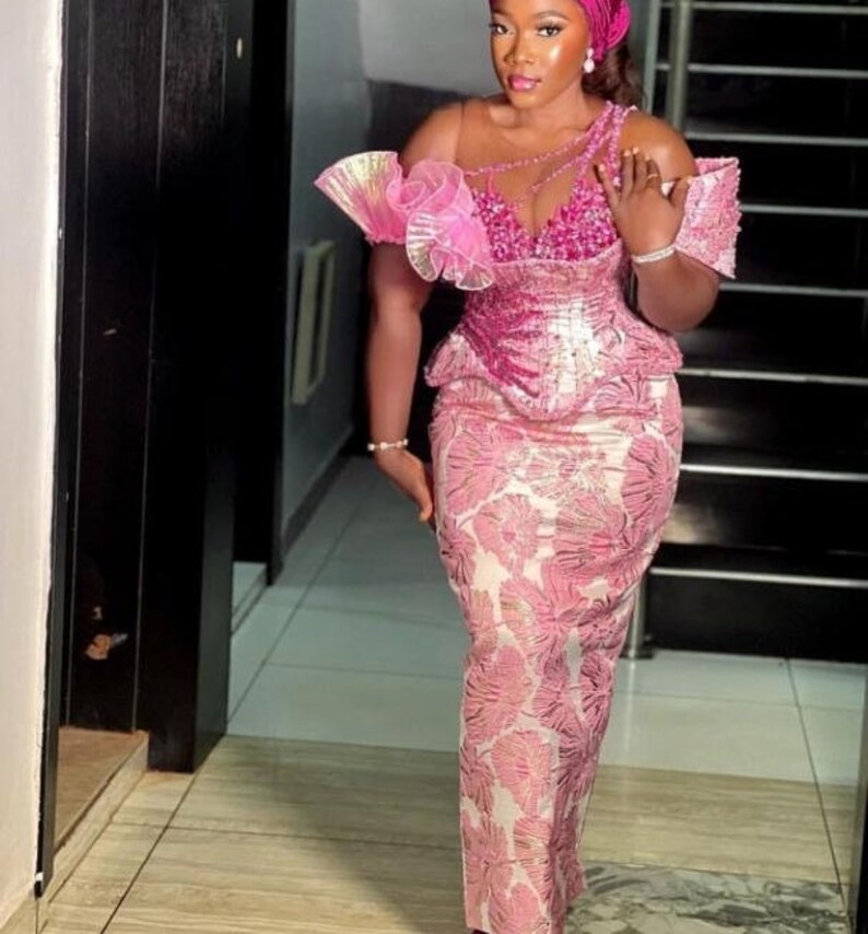 Pink Damask Brocade Dress, Straight Gown, African Women Dress, Corset ...