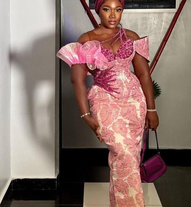 Pink Damask Brocade Dress, Straight Gown, African Women Dress, Corset ...