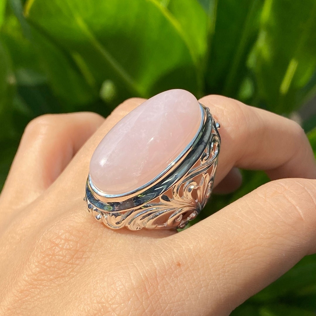 Large Victorian Style Filigree Pattern Ring With Oval Rose Quartz Stone ...