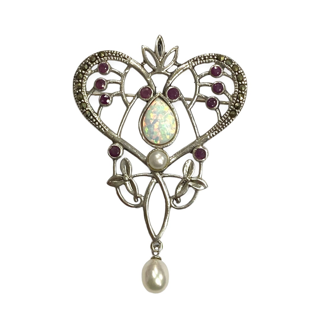 Victorian Style Heart Brooch and Pendant With Gilson Opal, Ruby Stone ...