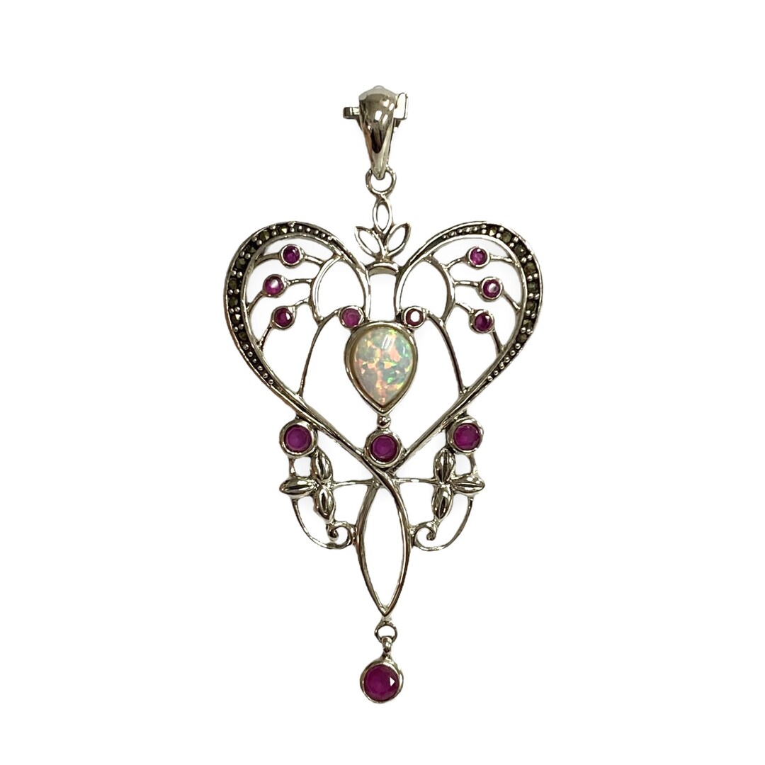Victorian Style Heart Pendant With Gilson Opal and Ruby / Emerald Stone ...
