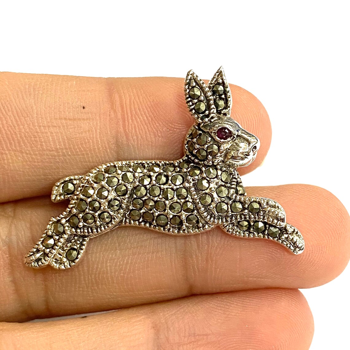 Art Deco Style Rabbit Pin Brooch With Marcasite and Ruby Stone | Etsy