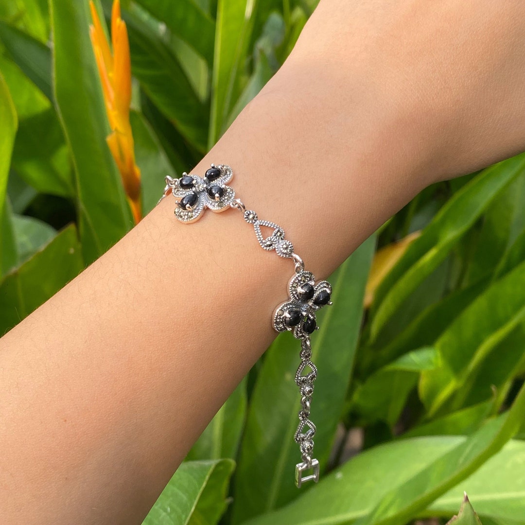 Pulsera de trébol de cuatro hojas estilo victoriano con ónix negro y ...