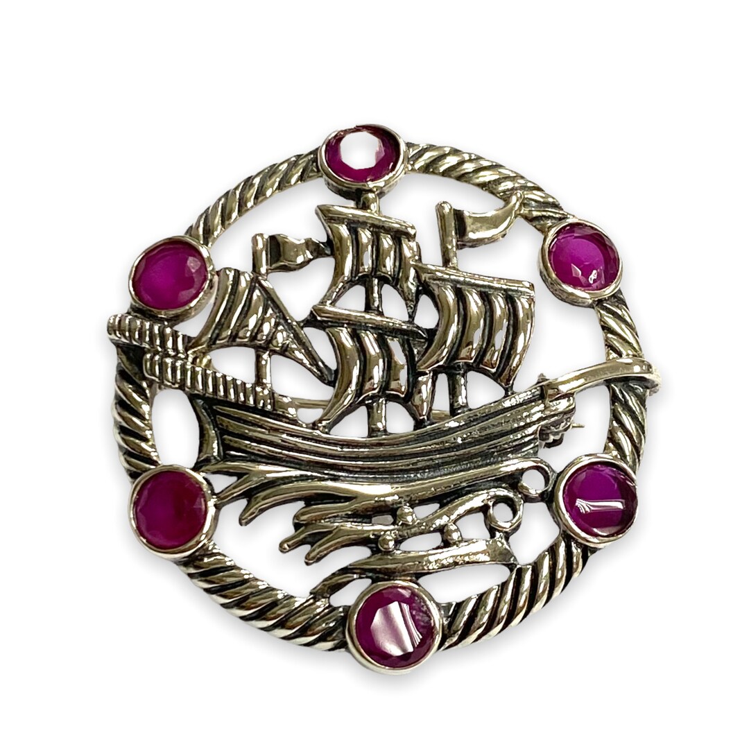 Georgian Style Galleon Ship With Ruby Stone Pin Brooch or Pendant 925 ...