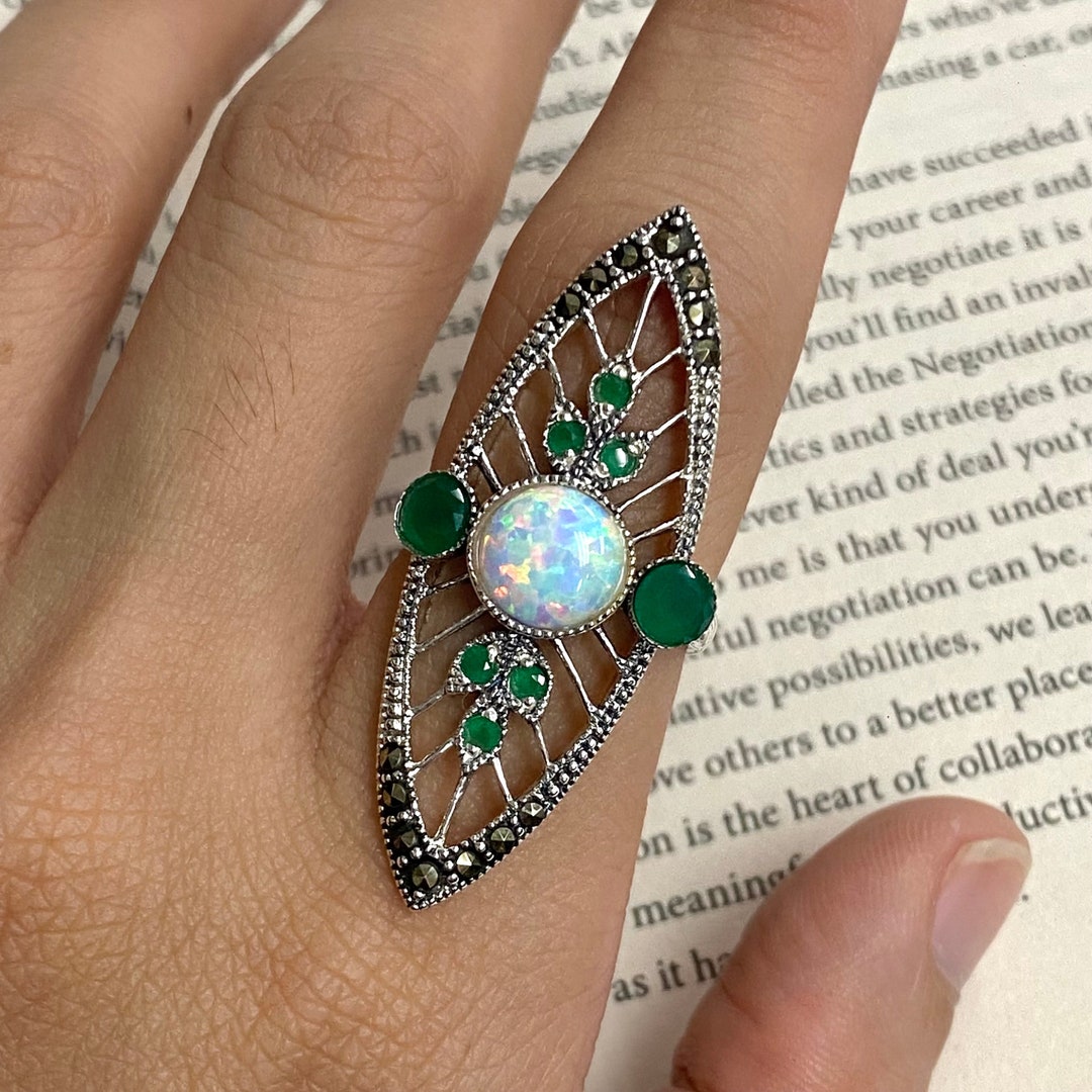 Art Deco Style Gilson Opal Ring With Emerald and Marcasite Stone 925 ...