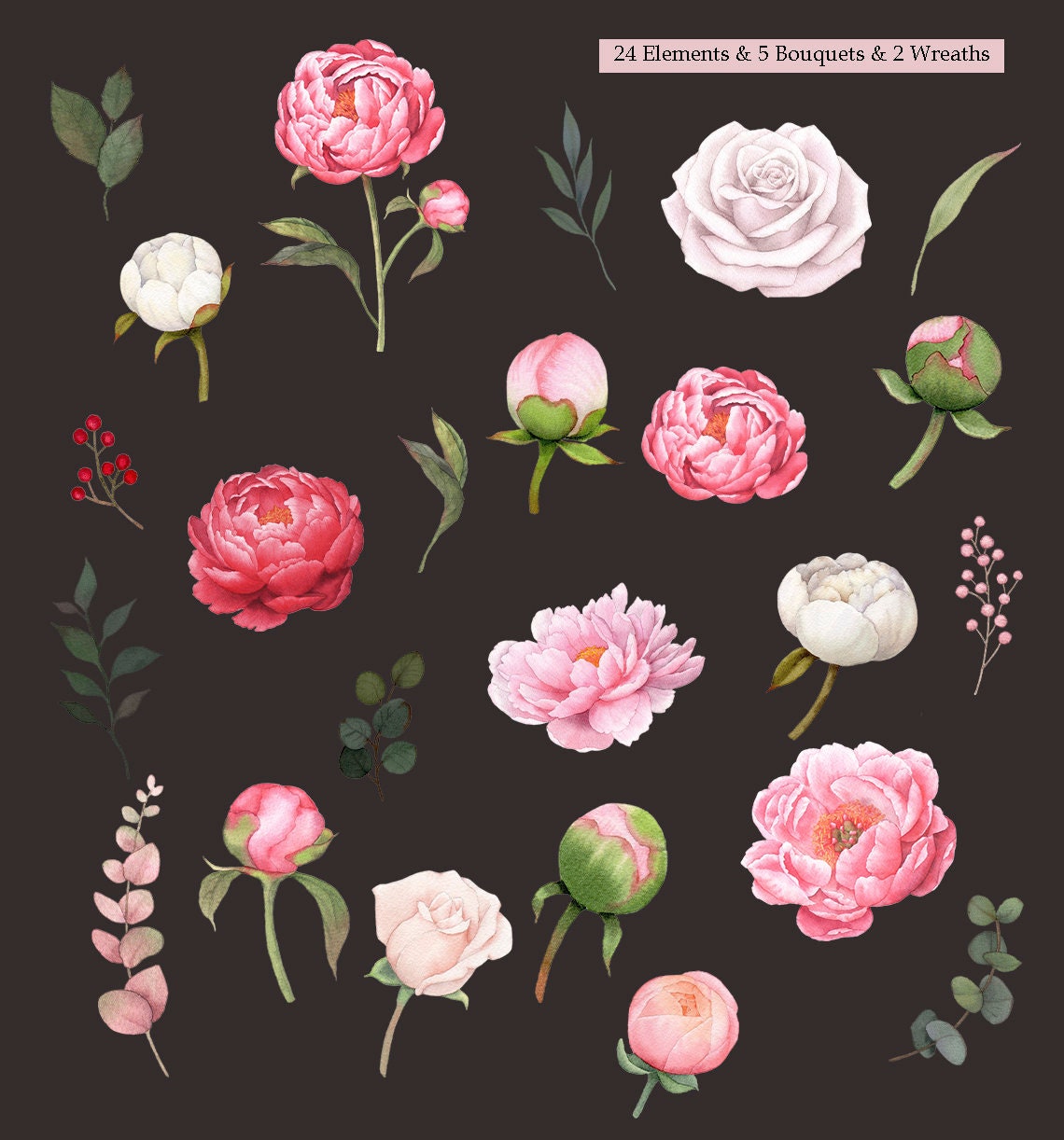 Watercolor Flower Clipart,pink Peony Bouquet,roses Frame,wedding ...