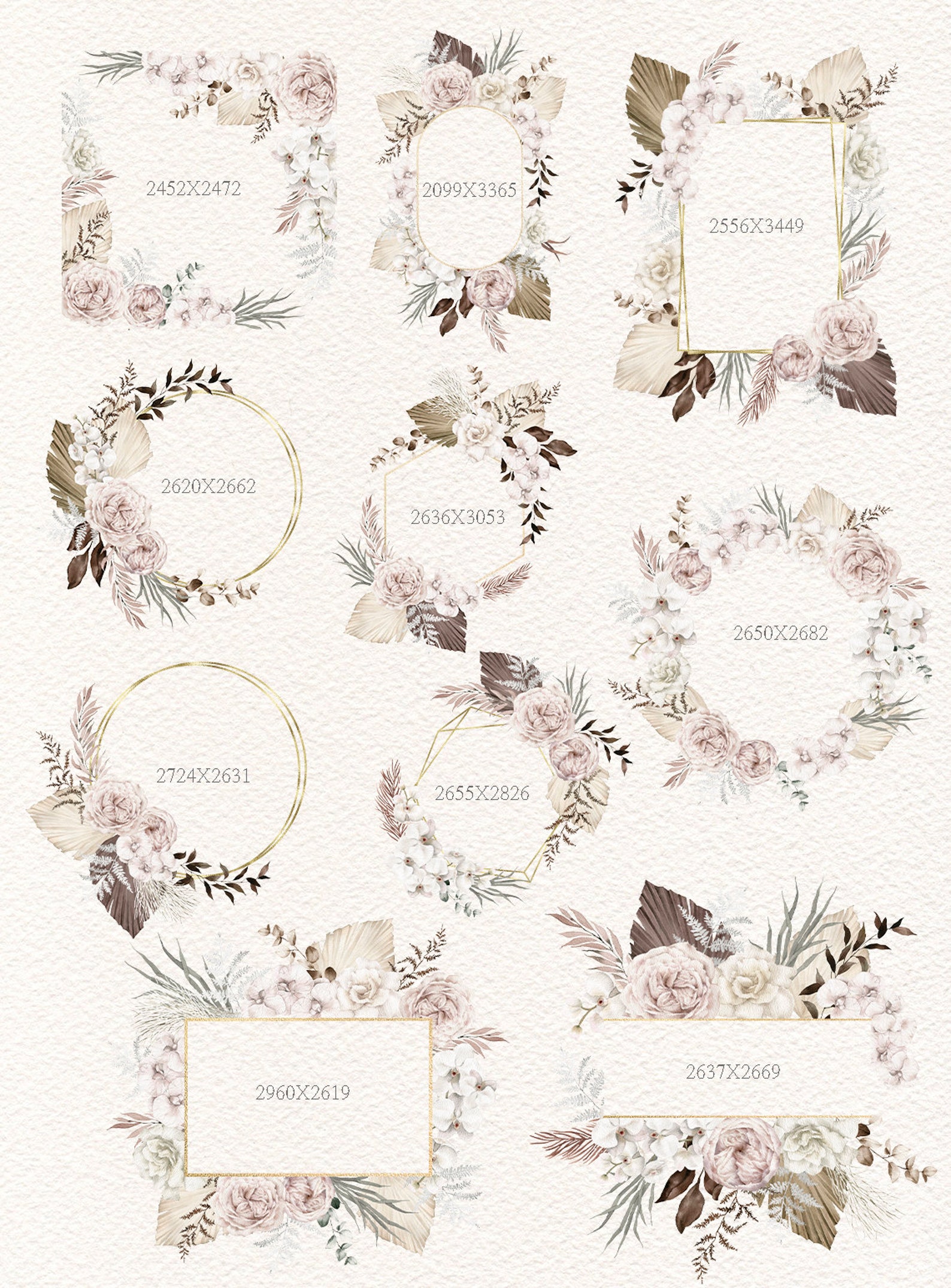 Watercolor Boho Floral Clipartdusty Roses Wreaths and Gold - Etsy