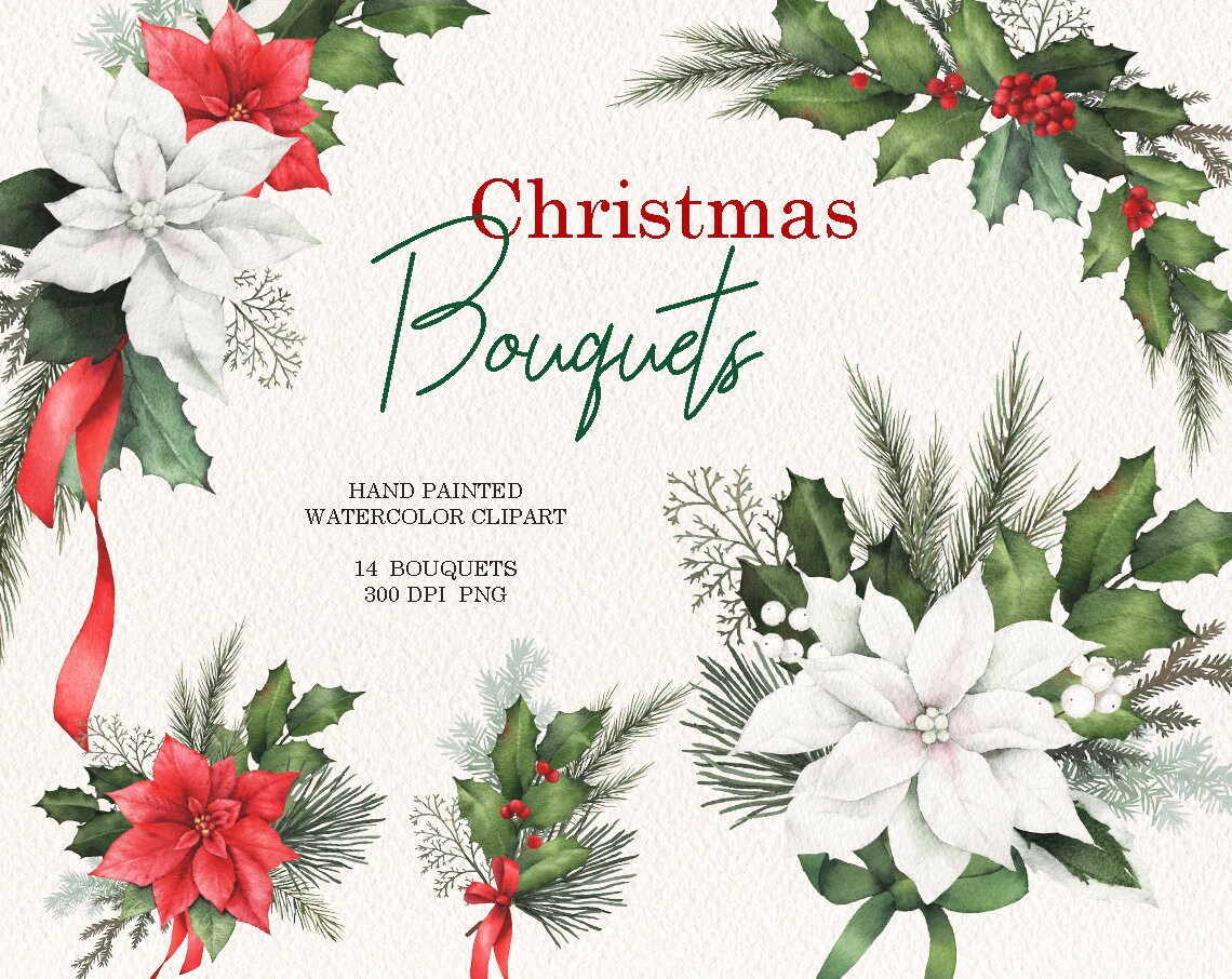 Watercolor Christmas Clipart.floral Bouquetnew Year Green Fir | Etsy