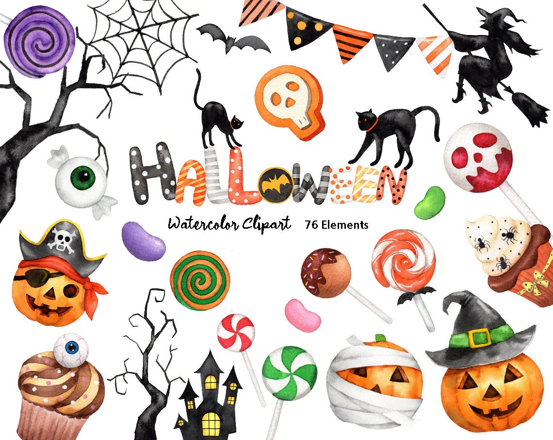 Watercolor Cliparthalloween Pumpkincandyhalloween - Etsy