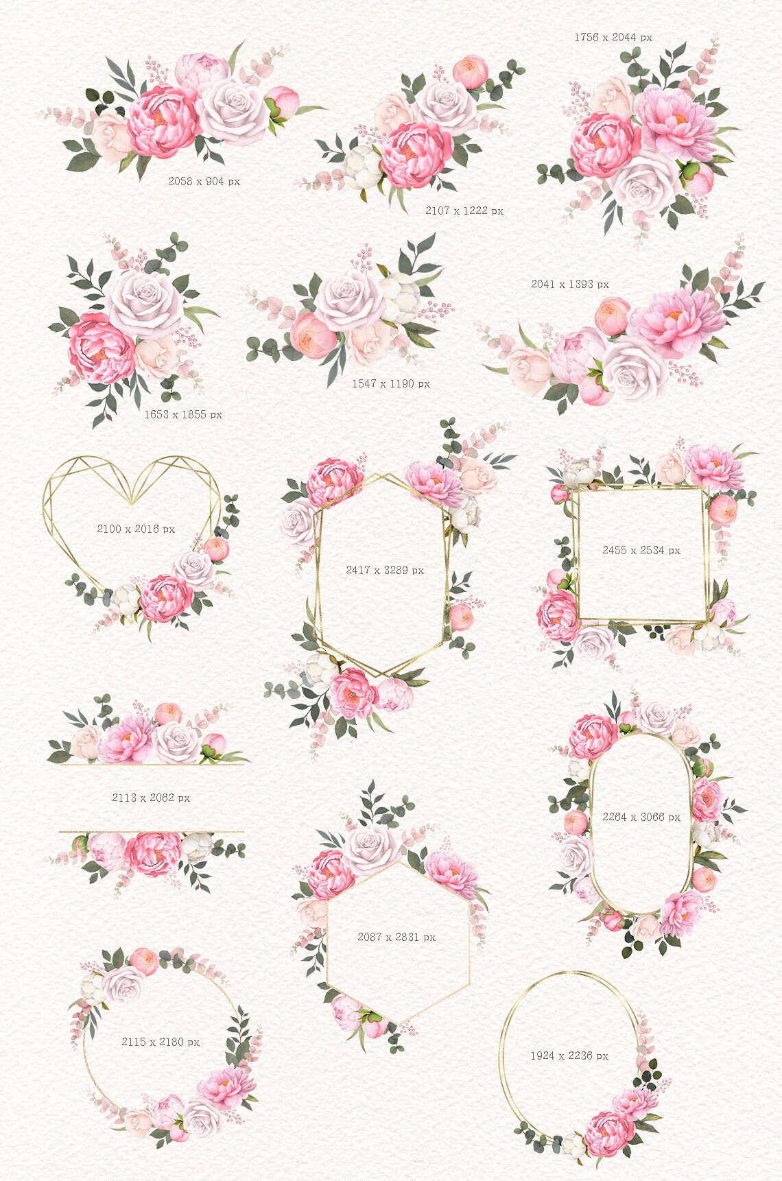 Watercolor Gold Geometric Peony Frames Clipartrose | Etsy