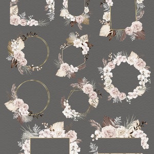 Watercolor Boho Floral Clipart,dusty Roses Wreaths and Gold Geometric ...