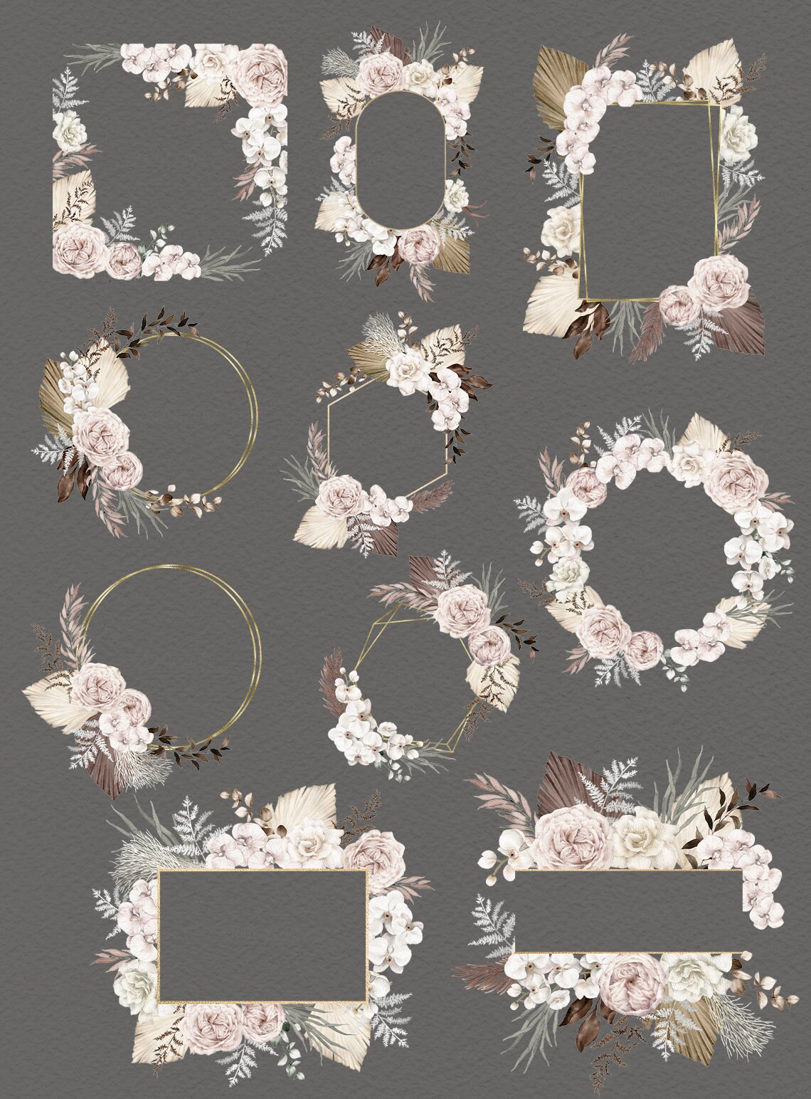 Watercolor Boho Floral Clipartdusty Roses Wreaths and Gold - Etsy