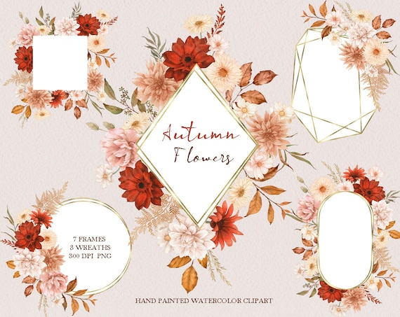 Watercolor Autumn Flower Frames Clipartfall Floral - Etsy