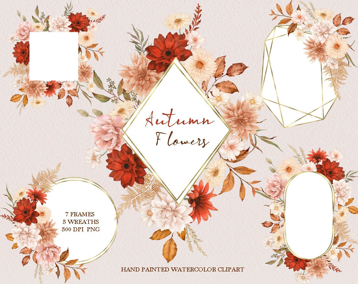 Watercolor Autumn Flower Frames Clipartfall Floral - Etsy