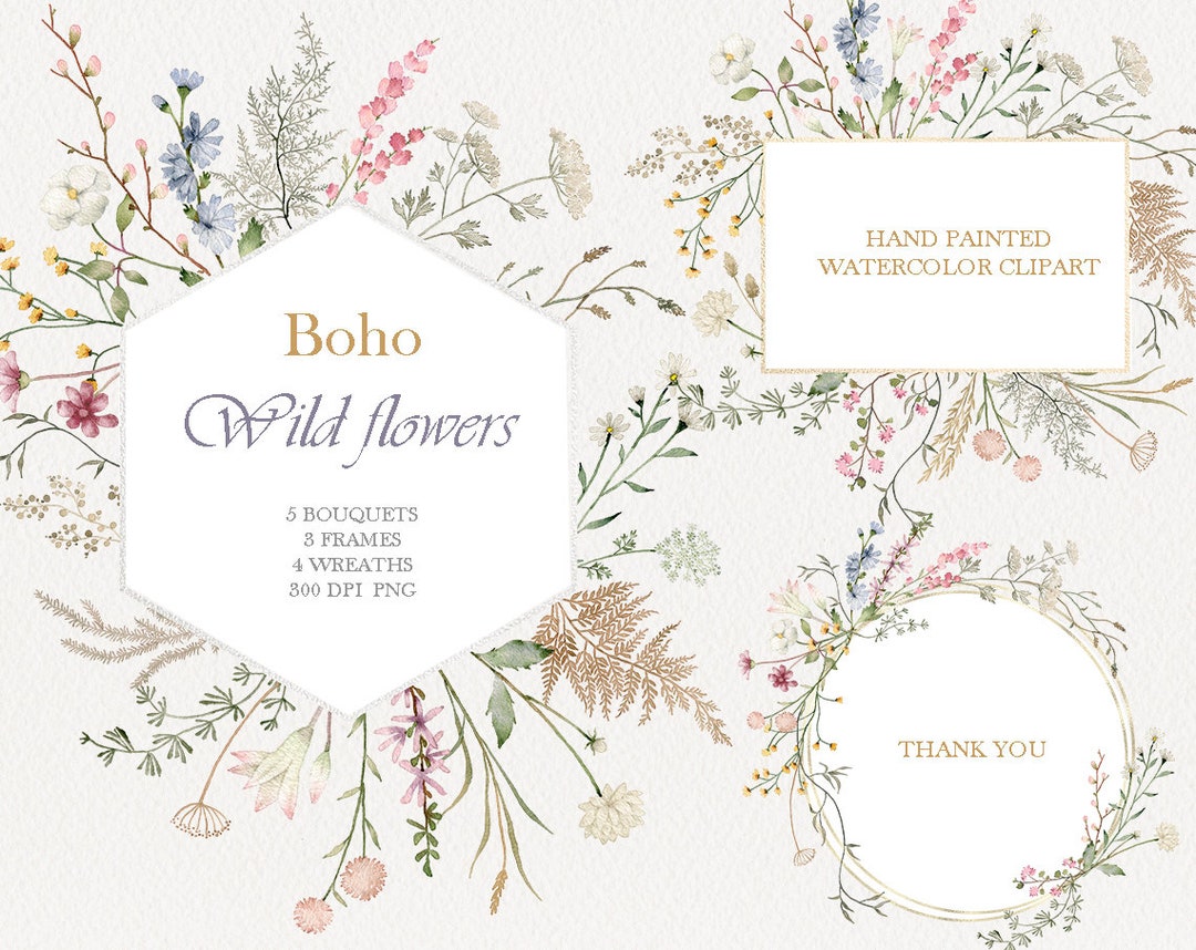 Wildflower Watercolor Floral Clipart,autumn Boho Flower Frame,garden ...