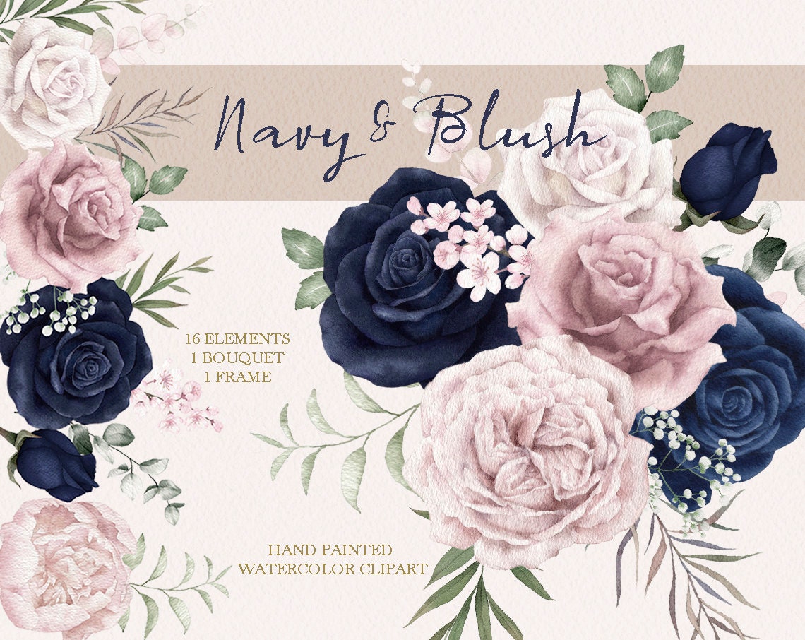 Navy and Blush Flower Clipart,watercolor Boho Rose Bouquet,bohemian ...