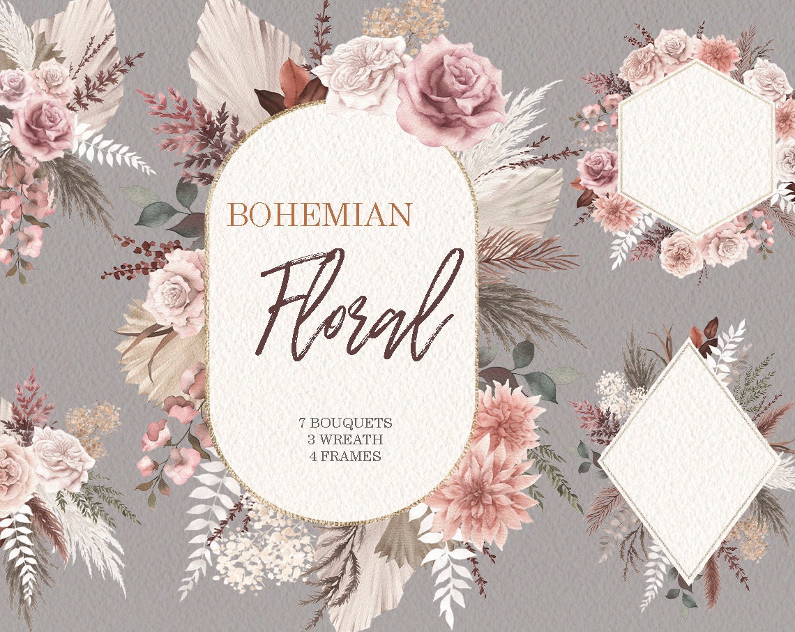 Watercolor Boho Floral Clipartrose Frame and Wreathdried - Etsy