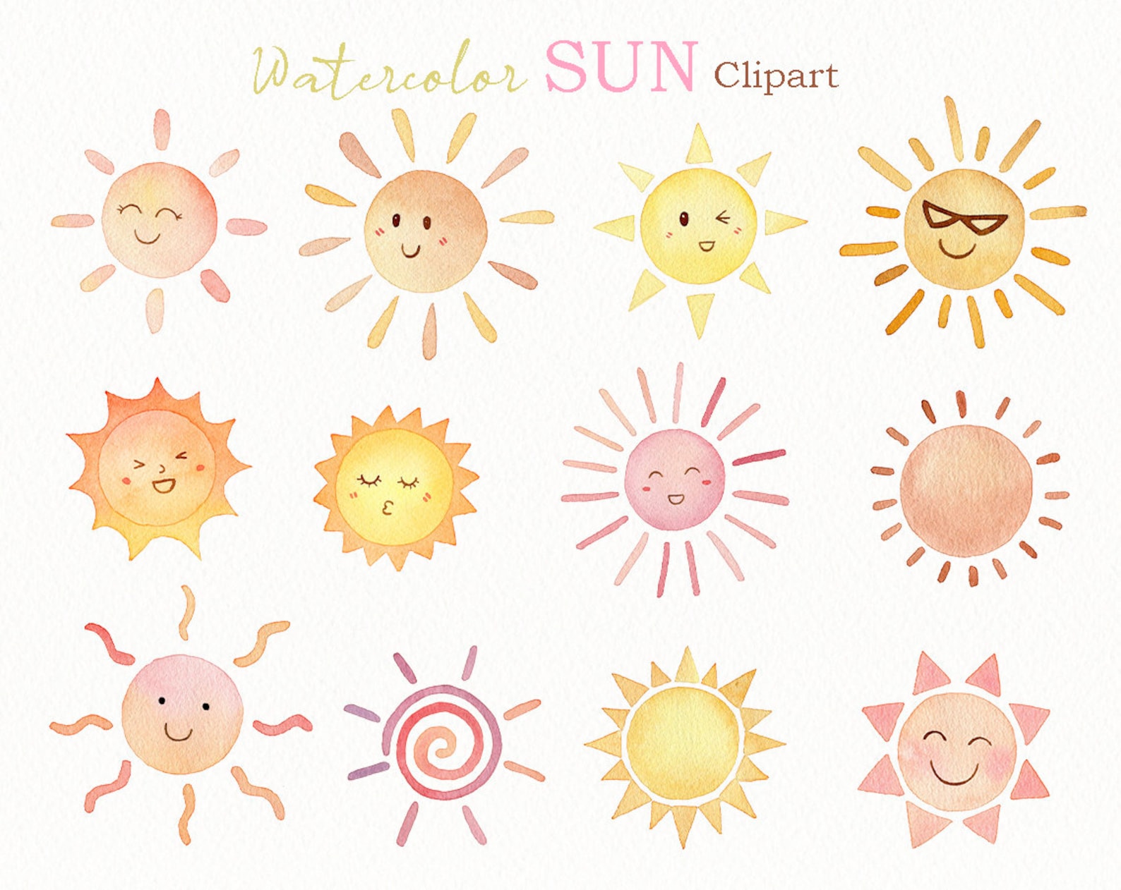 Watercolor Sun Clipart,orange Warm Sun,summer Vacation,original Hand ...