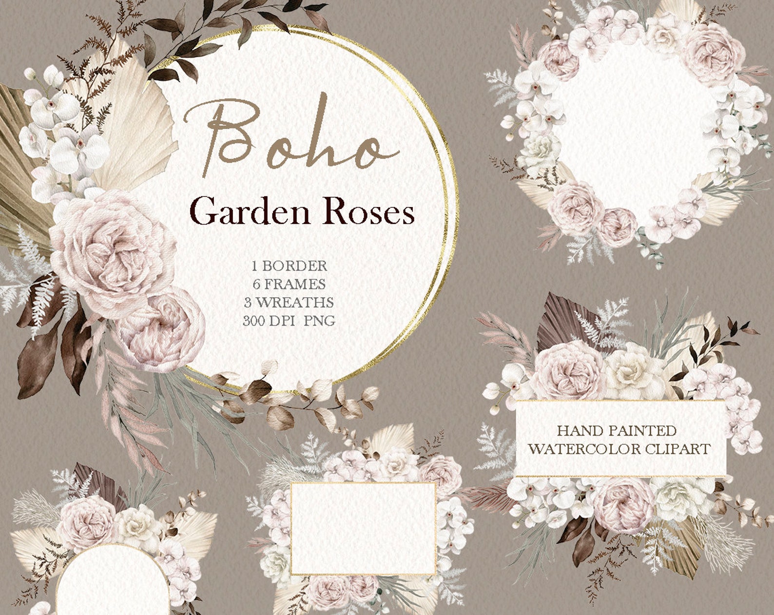 Watercolor Boho Floral Clipartdusty Roses Wreaths and Gold - Etsy