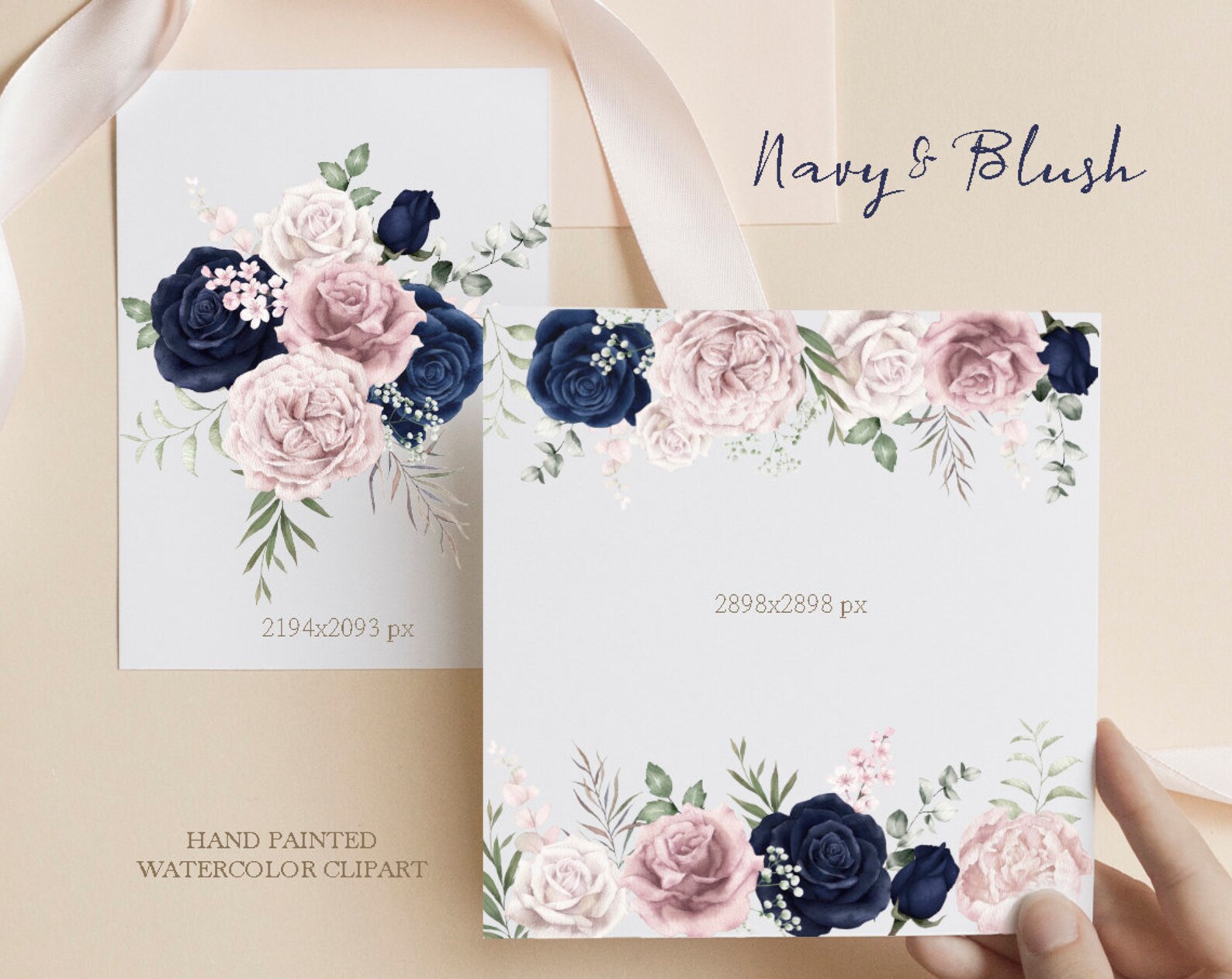 Navy and Blush Flower Clipart,watercolor Boho Rose Bouquet,bohemian ...