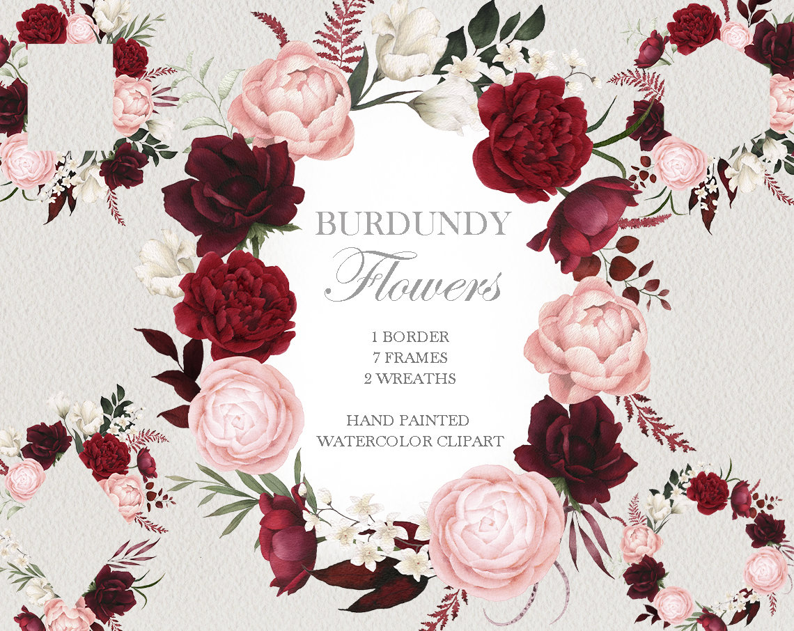 Watercolor Burgundy Flower Frame Clipartanemone Peony - Etsy