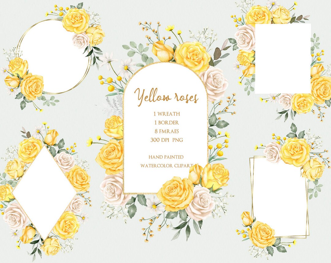 Watercolor Gold Geometric Frame,yellow Rose, Floral Arrangements ...