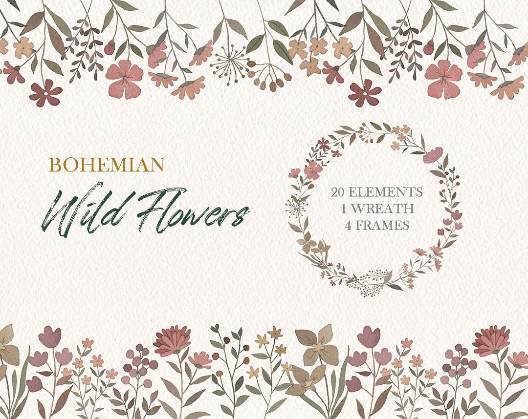Watercolor Boho Floral Clipart,wild Flower Wreath and Frames,bohemian ...
