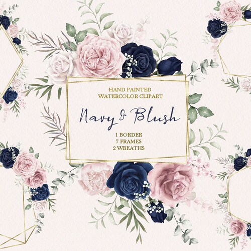 Marina Bloom Navy Blush Watercolor Floral Bouquets Clipart - Etsy