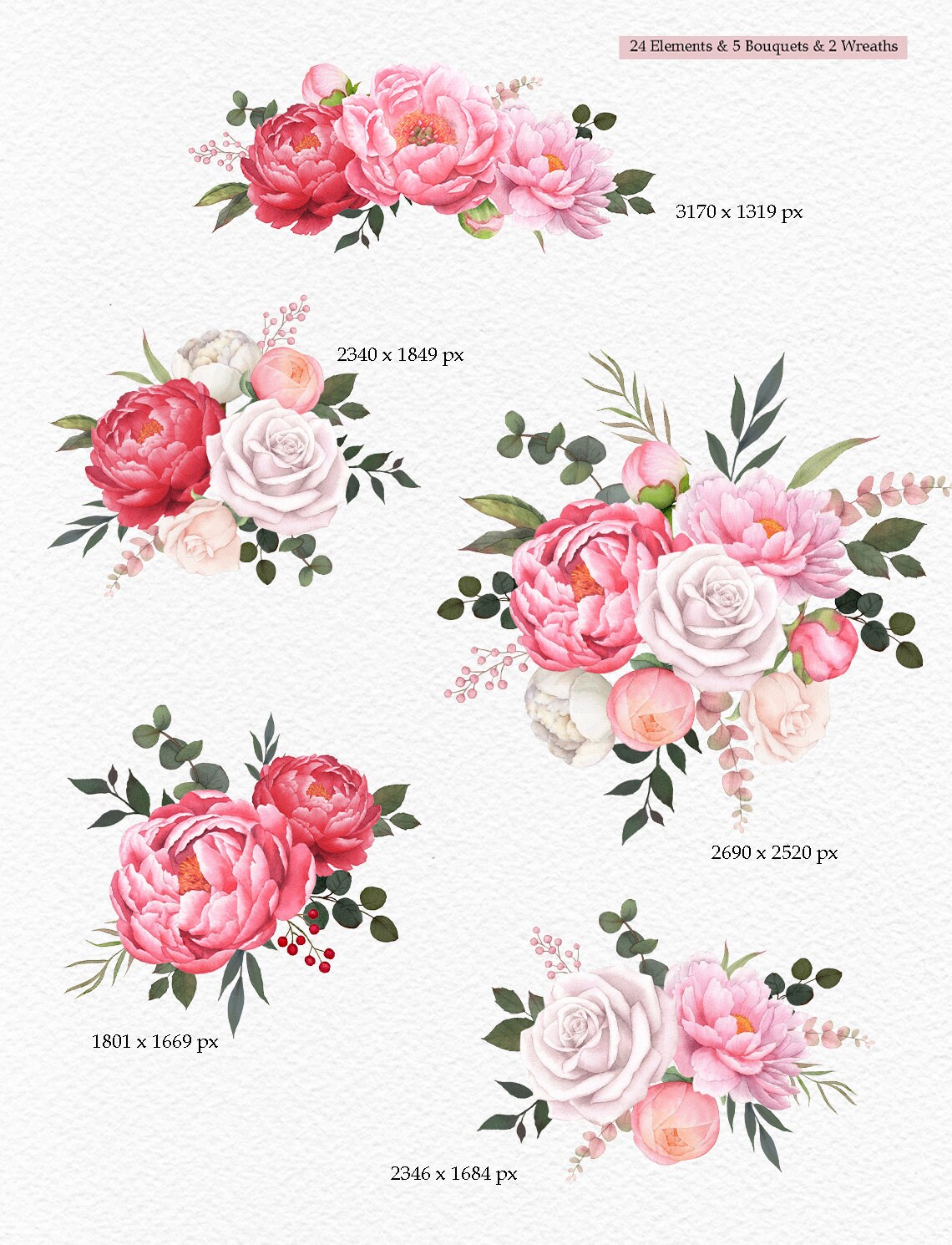 Watercolor Flower Clipart,pink Peony Bouquet,roses Frame,wedding ...
