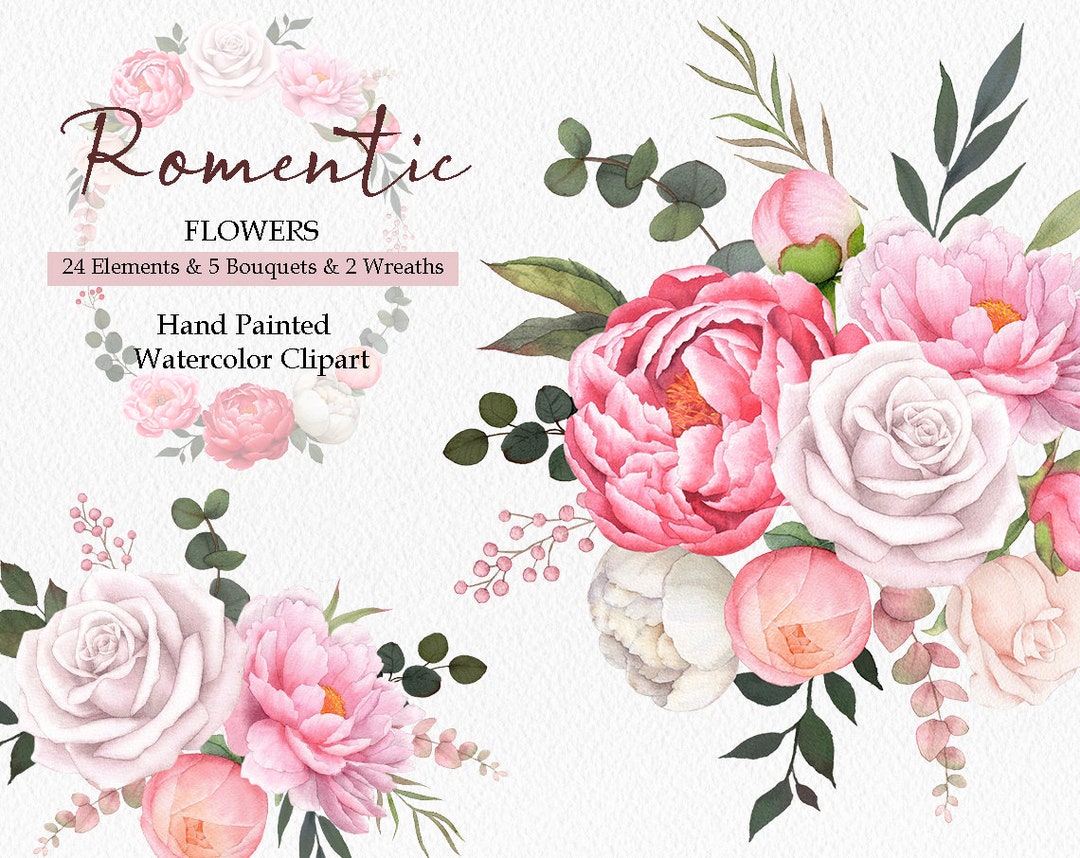 Watercolor Flower Clipart,pink Peony Bouquet,roses Frame,wedding ...
