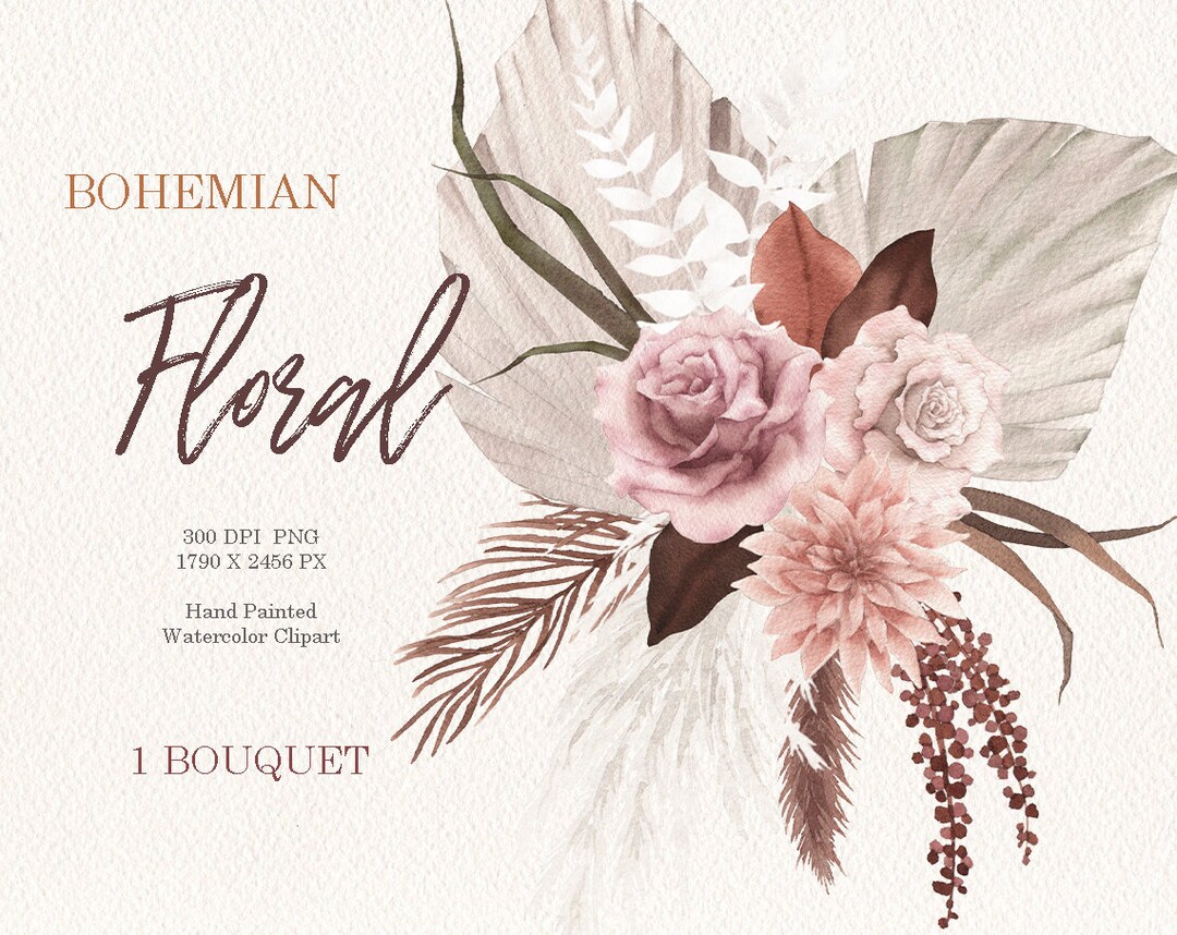 Watercolor Boho Floral Clipart,rose Bouquet,dried Bohemian Grass Leaf ...