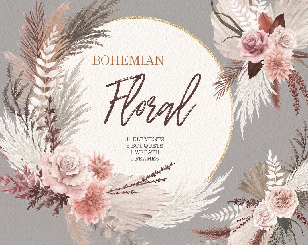 Watercolor Boho Floral Clipart,roses Wreath and Bouquets,bohemian Dried ...
