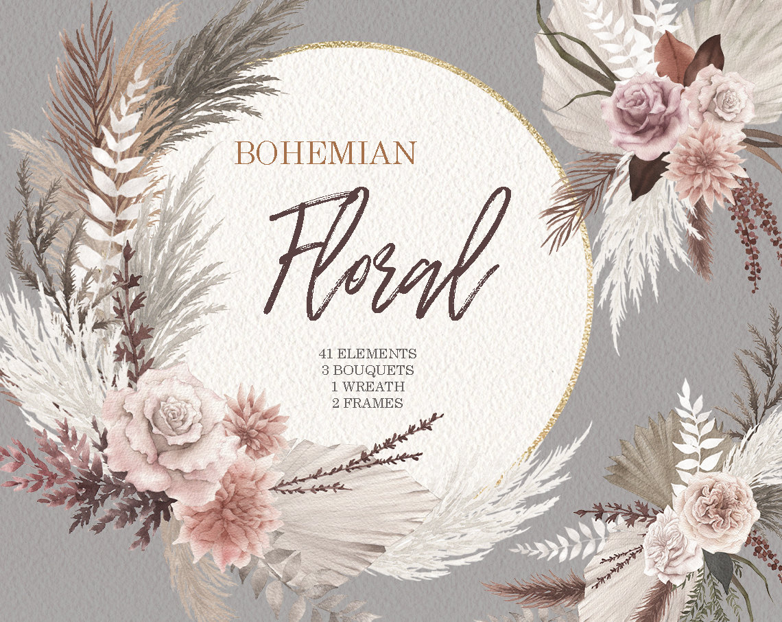Watercolor Boho Floral Clipartroses Wreath and - Etsy