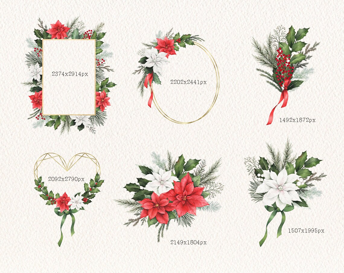 Watercolor Christmas Clipart.floral Framesnew Year Green - Etsy