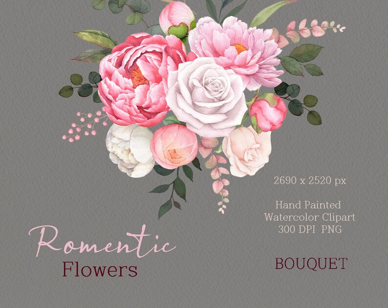 Watercolor Flower Clipart,pink Peony Bouquet,floral Arrangements ...